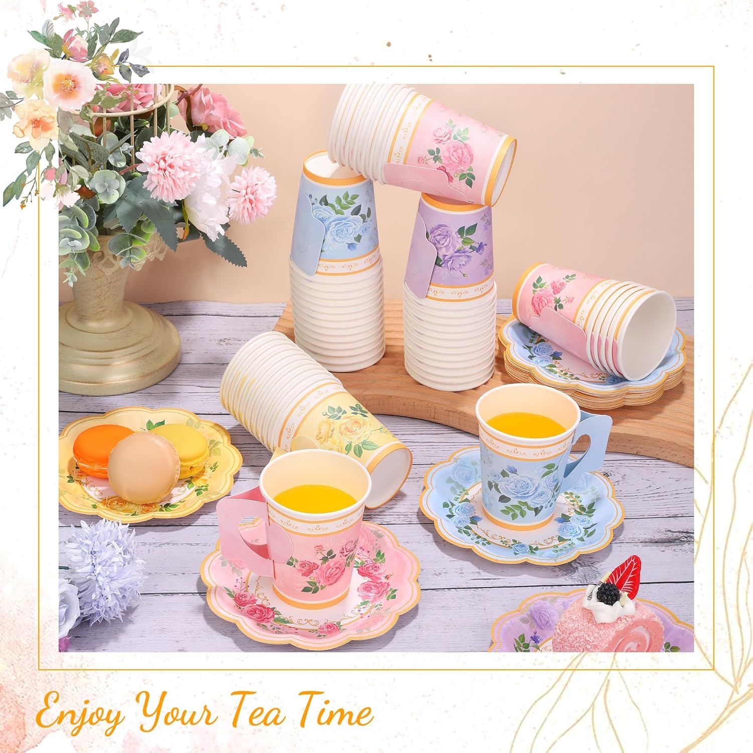 120 Pcs Floral Paper Tea Cups and Saucers 9 Oz Disposable Teacups Bulk ...